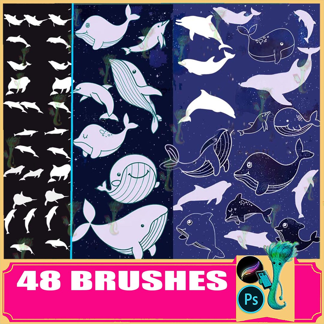 Procreate Brushes Cute Cartoon Dolphin Whale Line Drawing Silhouette ...
