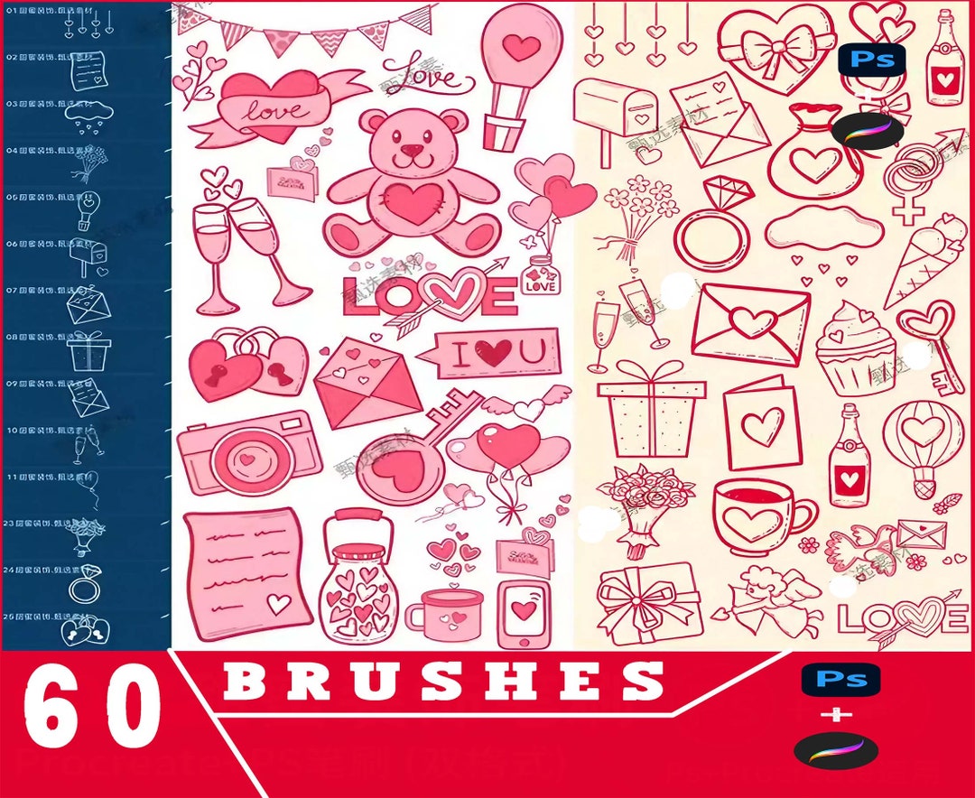 60 Procreate Love Stamps, Procreate Valentines Stamps, Photoshop ...