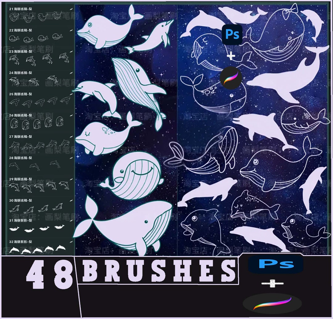 Procreate Brushes Cute Cartoon Dolphin Whale Line Drawing Silhouette ...