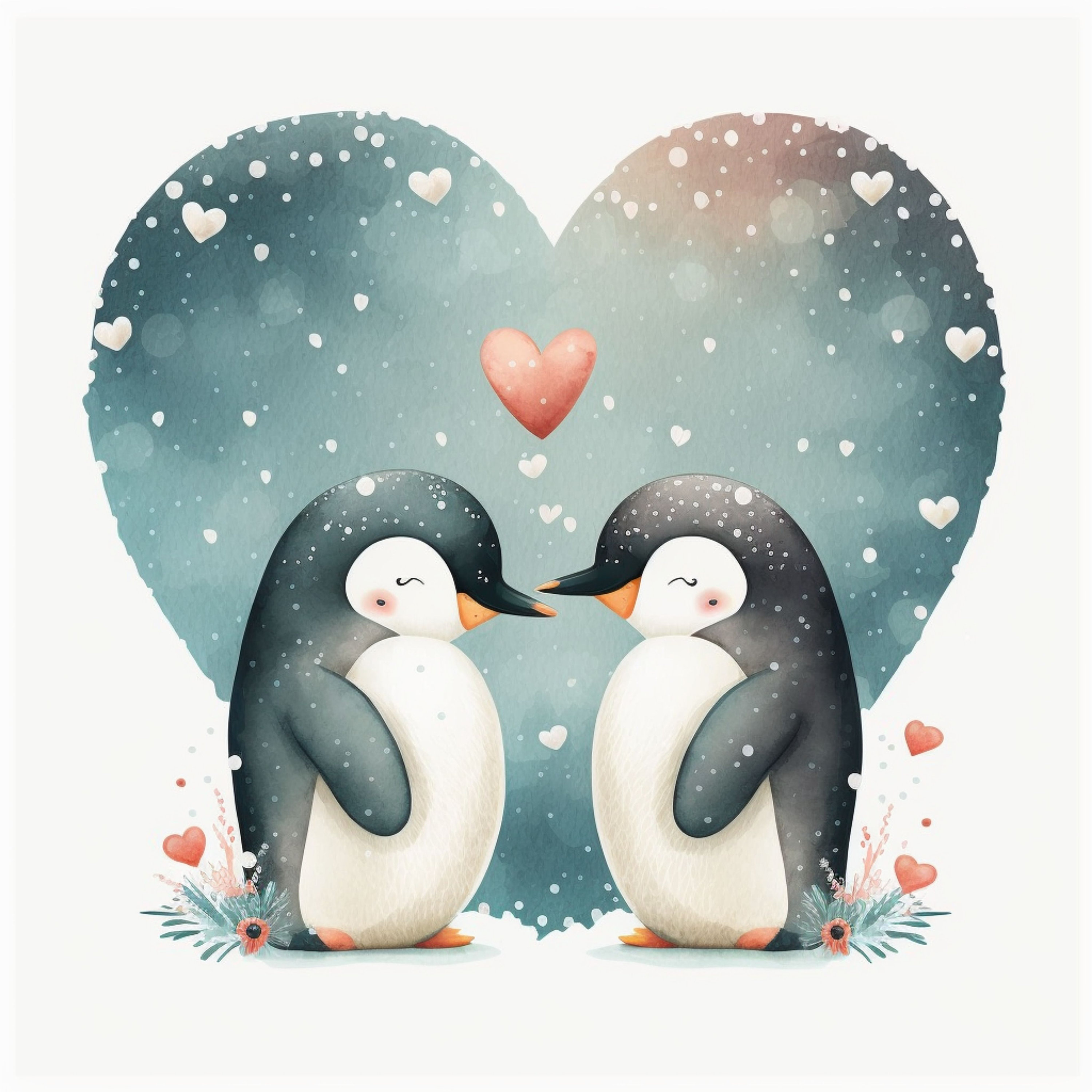 Watercolor Penguin Couple Clipart Digital JPG Valentine's Day Floral ...