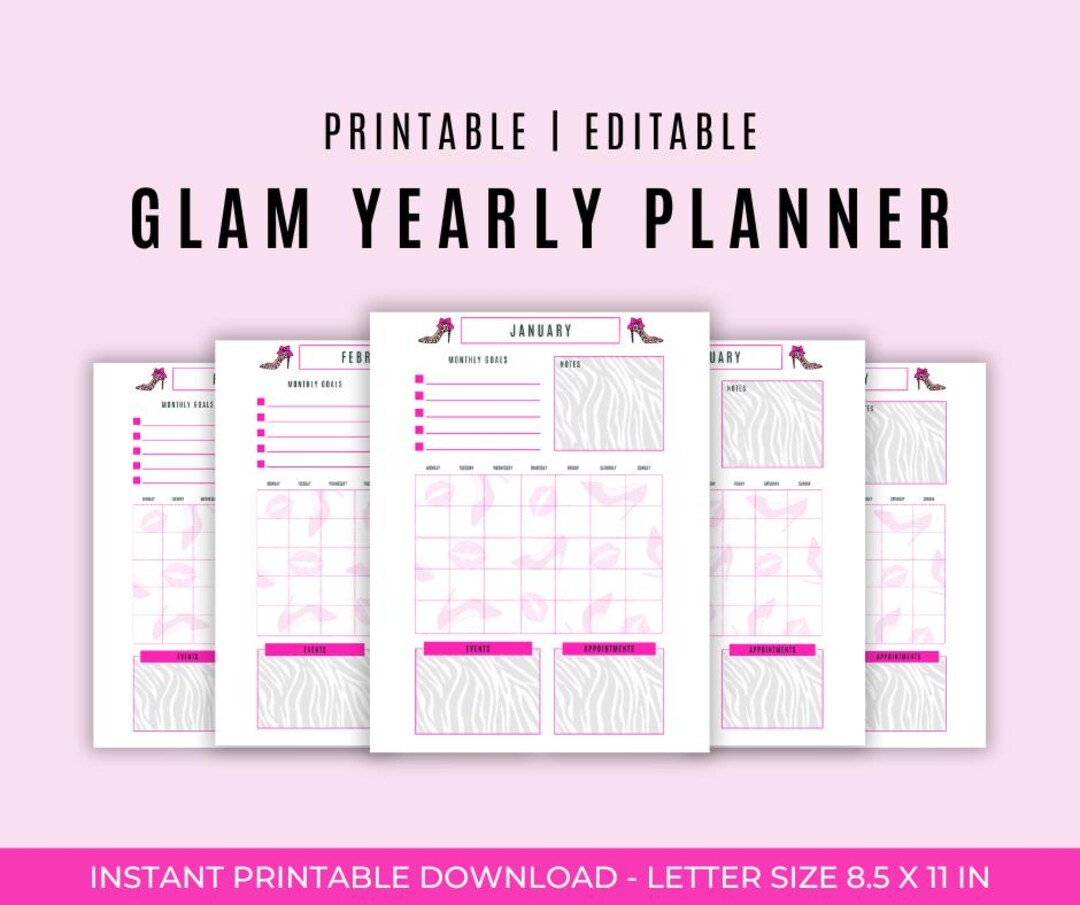 Editable Pdf Yearly Planner | Hot Pink Zebra Glam Planner for Women ...
