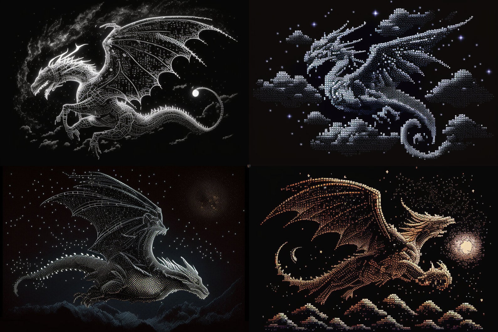 Nighttime ASCII Dragon Flight - (#1-4) -printable AI Art, Downloadable ...