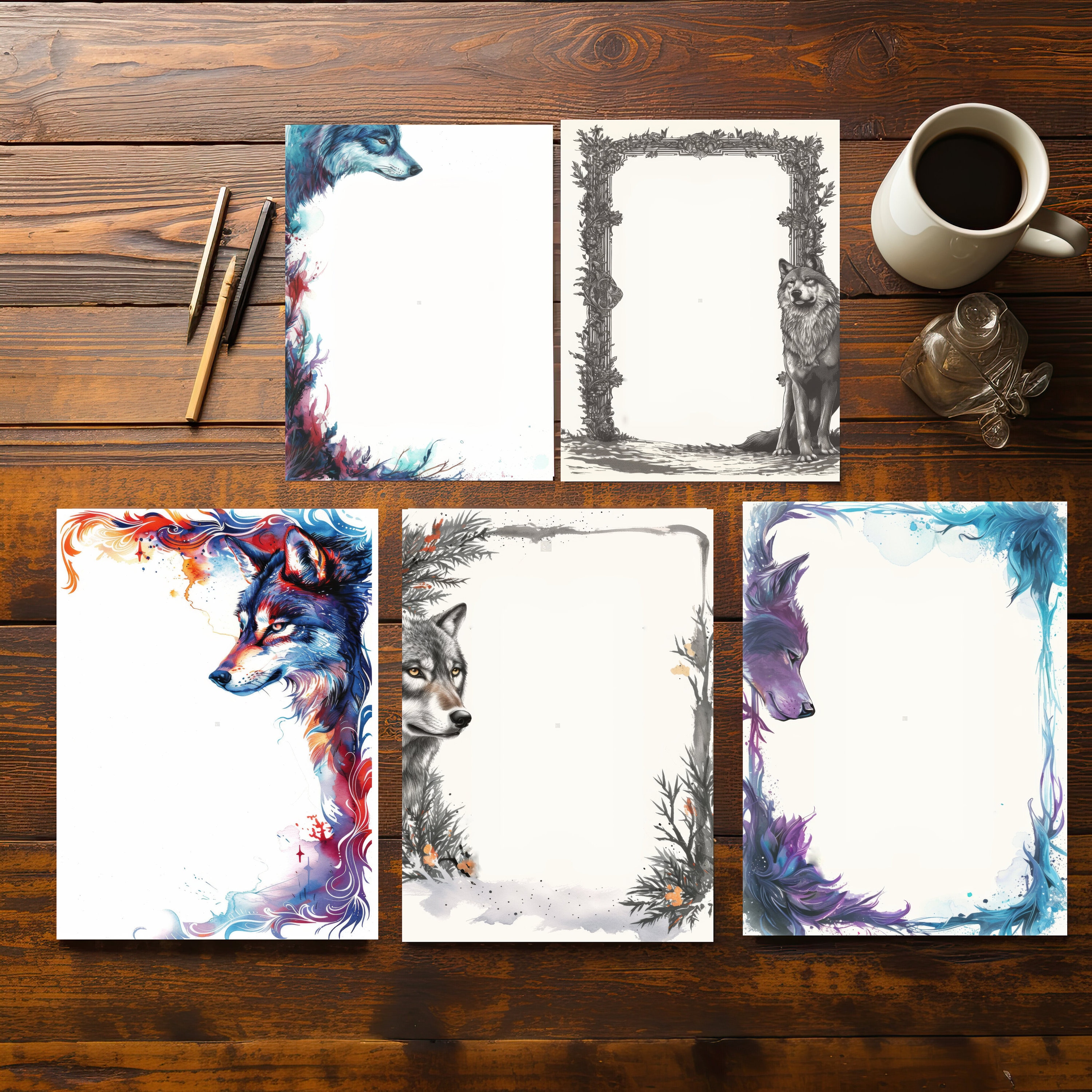 Wolf Set #2 - Page Border/frames Set of 35 - Printable AI Art ...