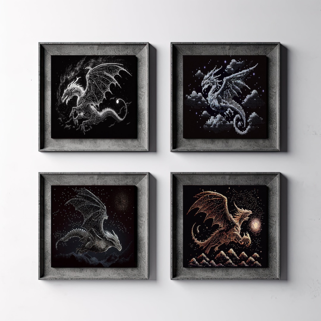Nighttime ASCII Dragon Flight - (#1-4) -printable AI Art, Downloadable ...