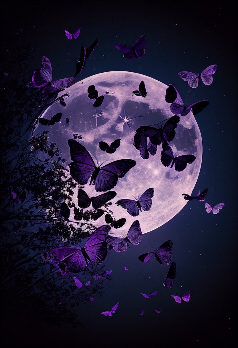 Purple Butterflies Flying in the Night Sky #3 - Just the Image, Digital ...