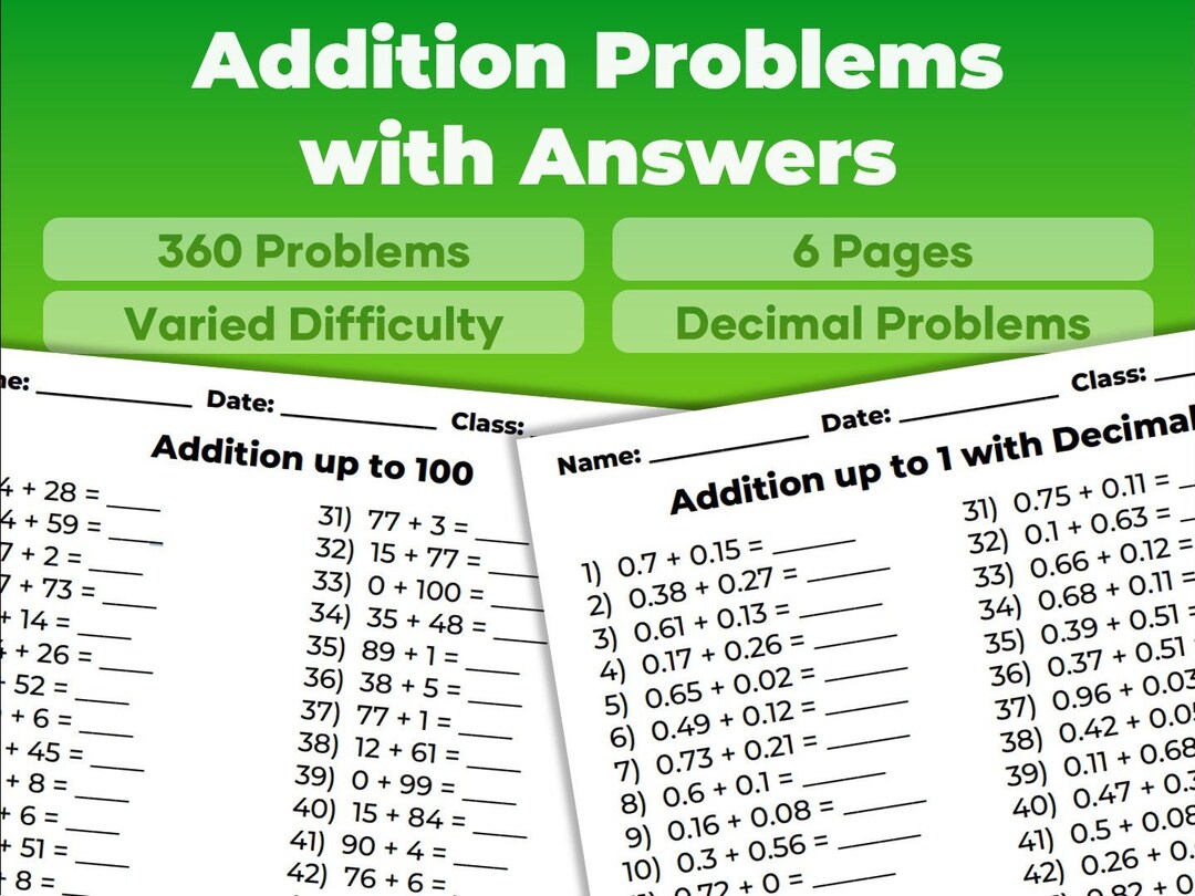 360 Addition Problems With Answers | 6 Pages of Practise Q's ...