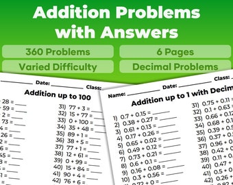 360 Addition Problems With Answers 6 Pages of Practise Q's Printable ...