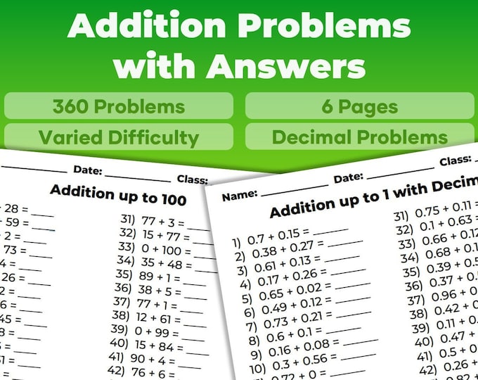 360 Addition Problems With Answers | 6 Pages of Practise Q's ...