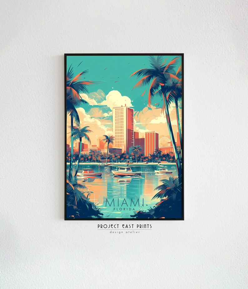 Miami Travel Poster Digital Wall Print, Watercolor Wall Art Florida ...