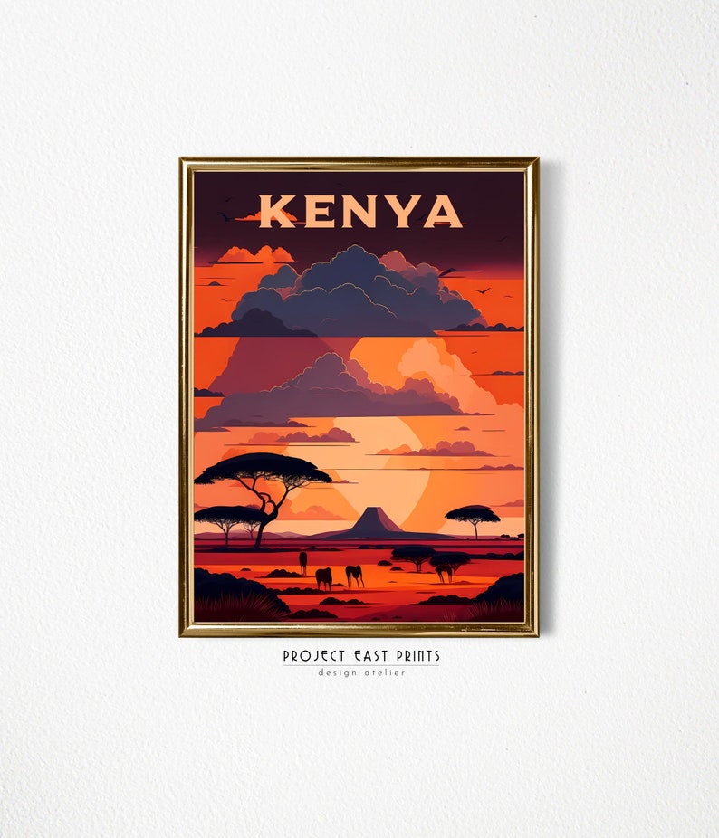 Kenya, Africa Retro Travel Poster, Travelling Digital Home Decor Wall ...