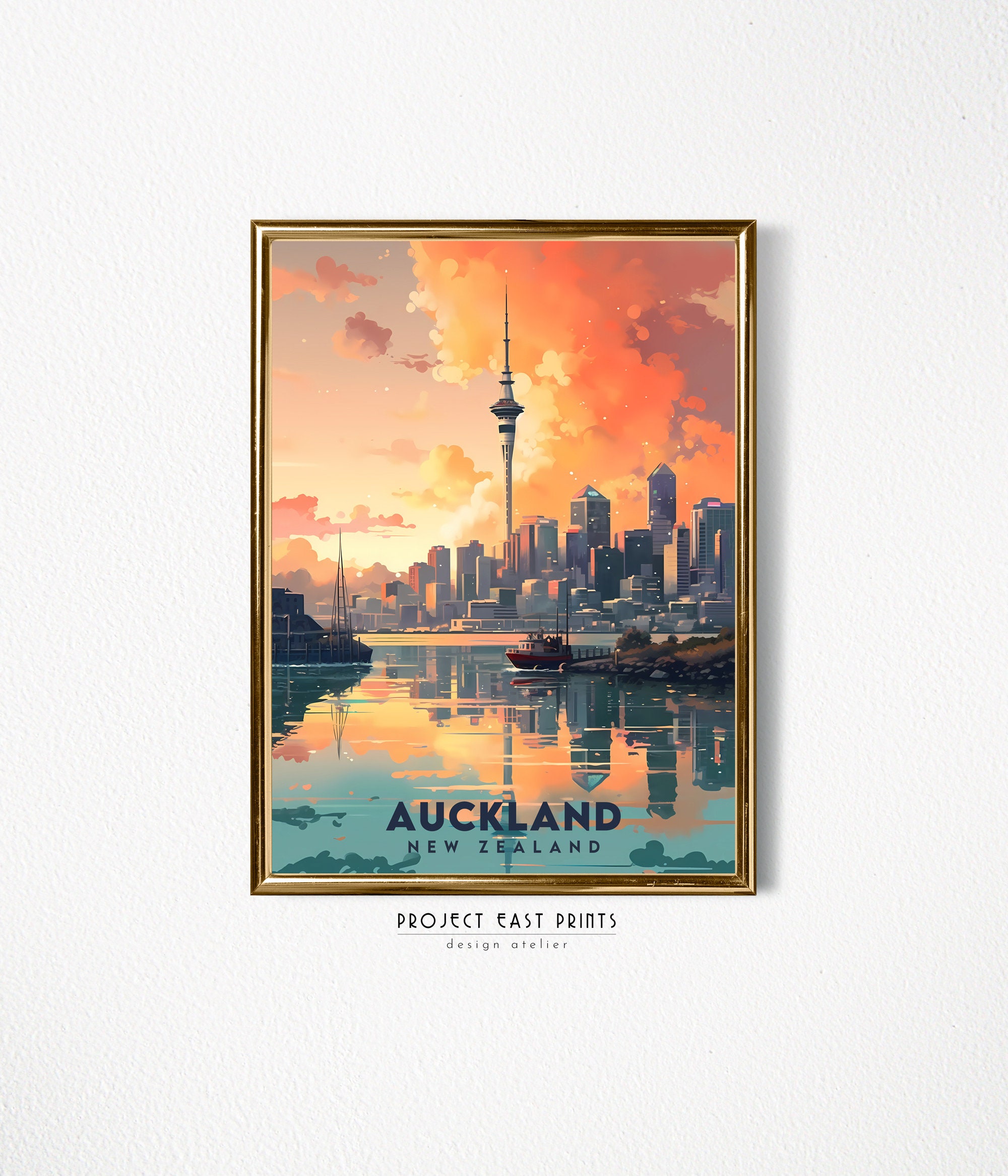 New Zealand Travel Poster, Auckland, Cityscape Art, Colorful Travel ...