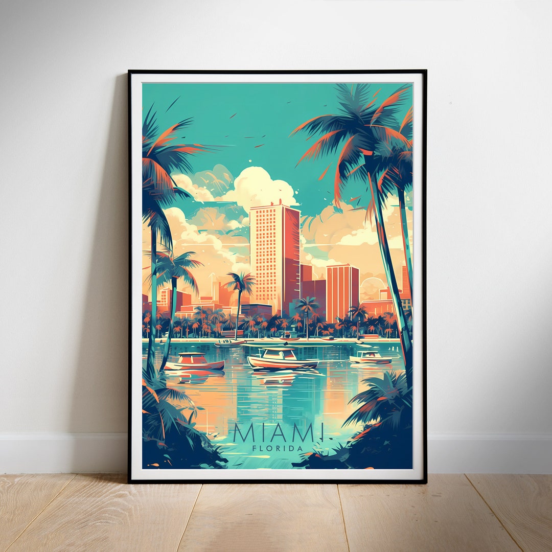 Miami Travel Poster Digital Wall Print, Watercolor Wall Art Florida ...