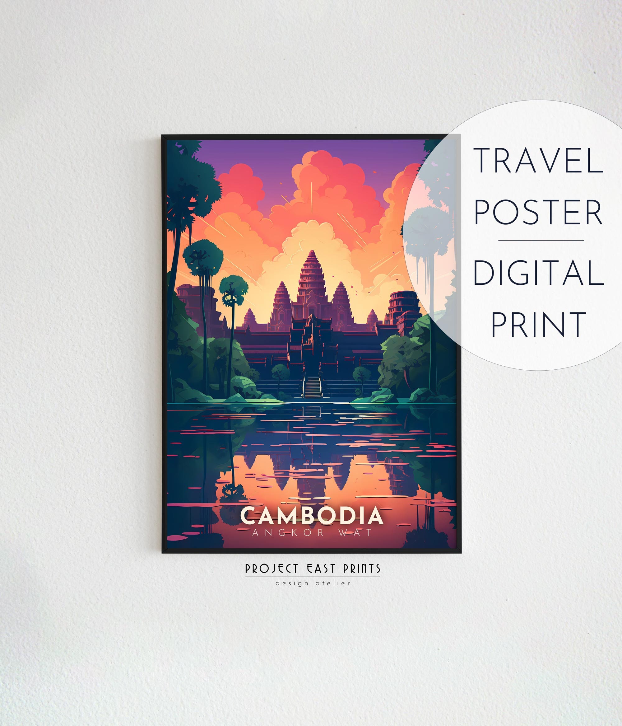 Cambodia Travel Poster, Digital Wall Print Art of Angkor Wat, Instant ...