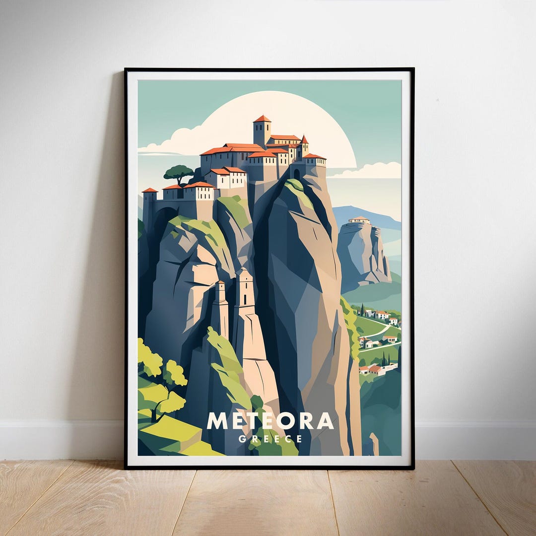 Greece Retro Travel Poster, Meteora Printable Digital Wall Art, Instant ...