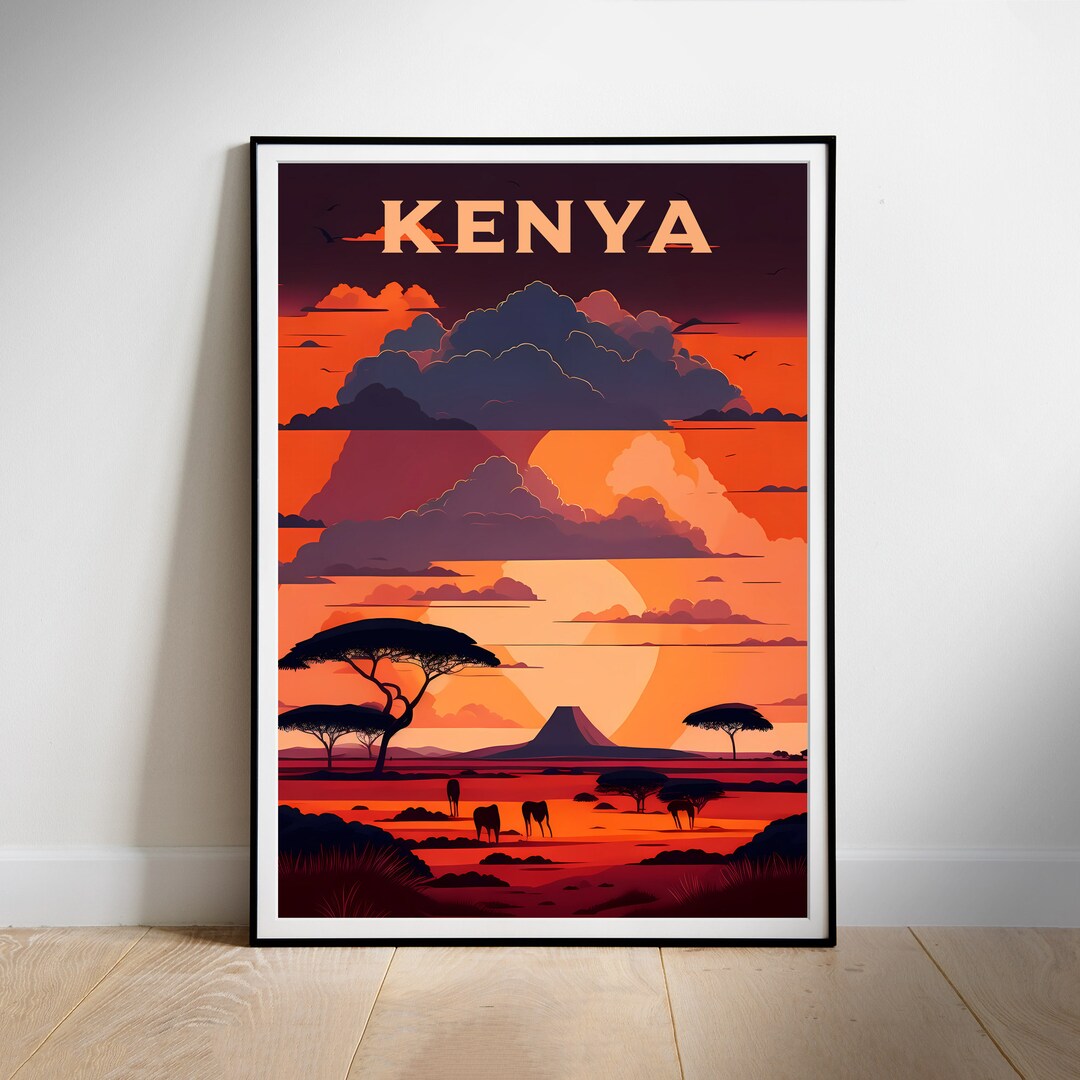 Kenya, Africa Retro Travel Poster, Travelling Digital Home Decor Wall ...