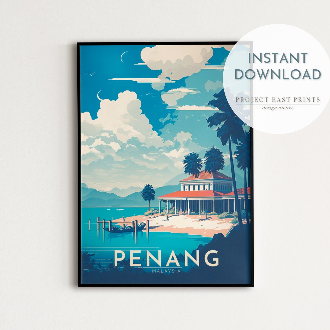 Digital Wall Print Art, Retro Travel Poster, Penang Malaysia, Instant ...