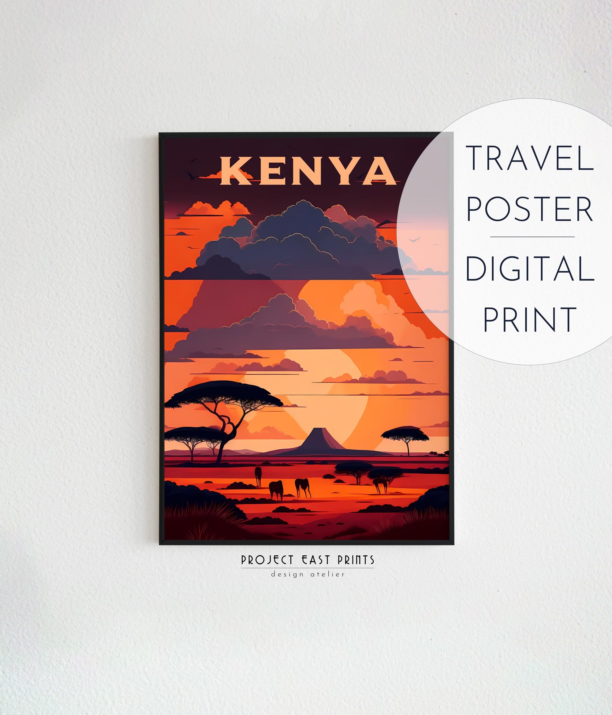 Kenya, Africa Retro Travel Poster, Travelling Digital Home Decor Wall ...