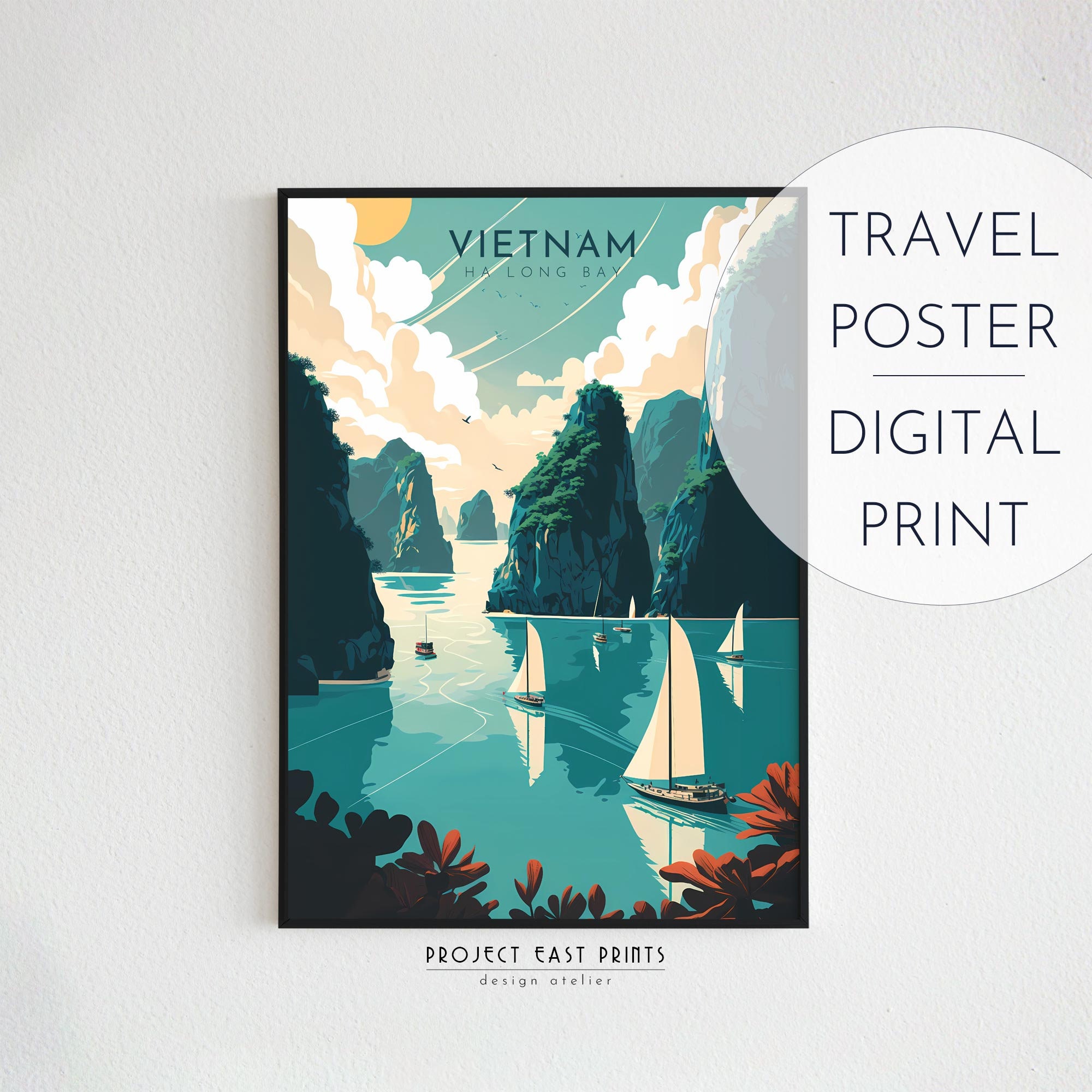 Vietnam Retro Travel Poster, Ha Long Bay, Digital Wall Print Art ...