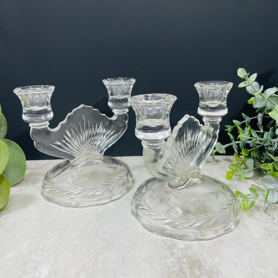 2 Vintage EAPG JEANETTE Glass Dual Light Candle Holders Sunburst ...