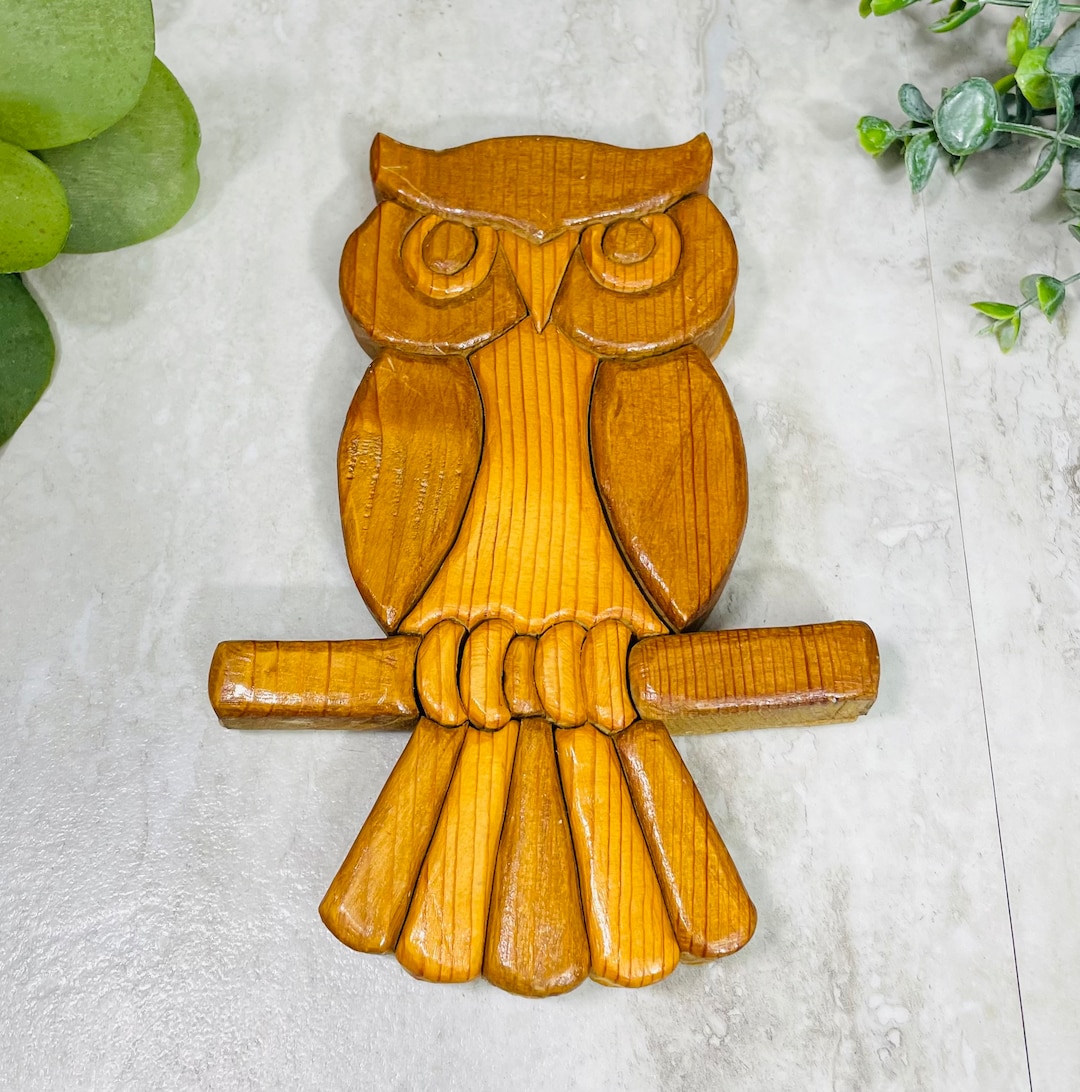 Hand Carved 3D Intarsia Inlay Wood Owl Wall Art Signed Josh Howard 8.5 ...