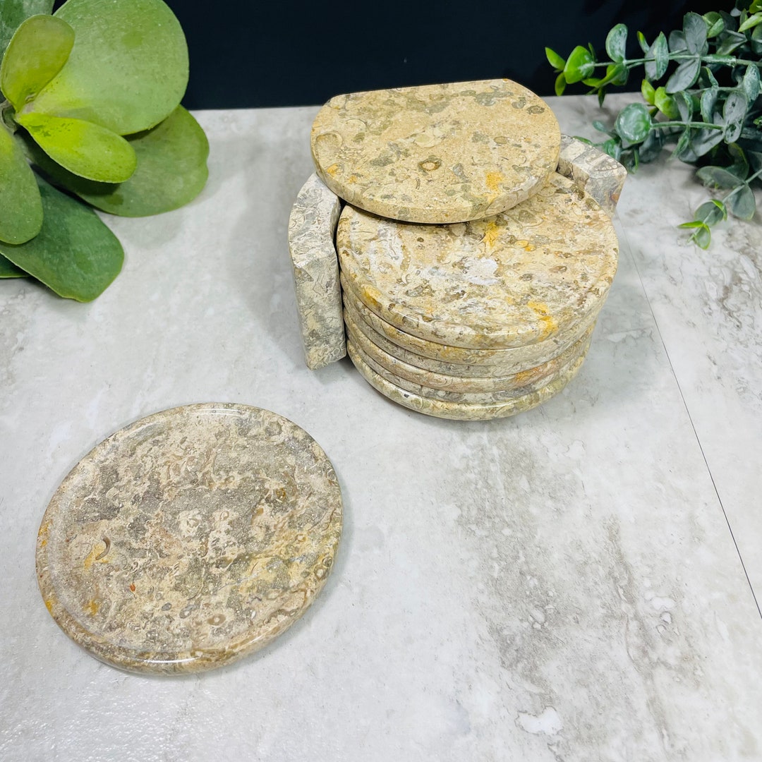 Vintage Art Deco Style Fossil Marble Round Coasters With Matched Holder ...