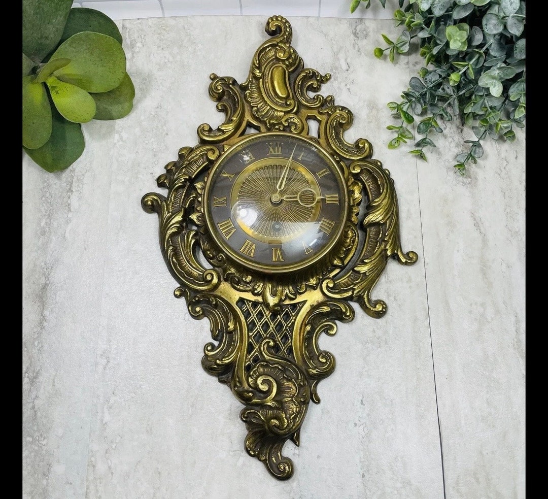 Vintage Cast Metal Wall Clock 17 Baroque Hollywood Regency Convex Glass ...