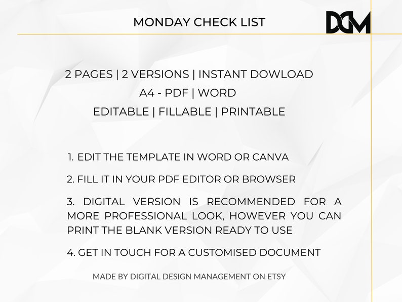 DM - Monday Check List in One Page - Etsy