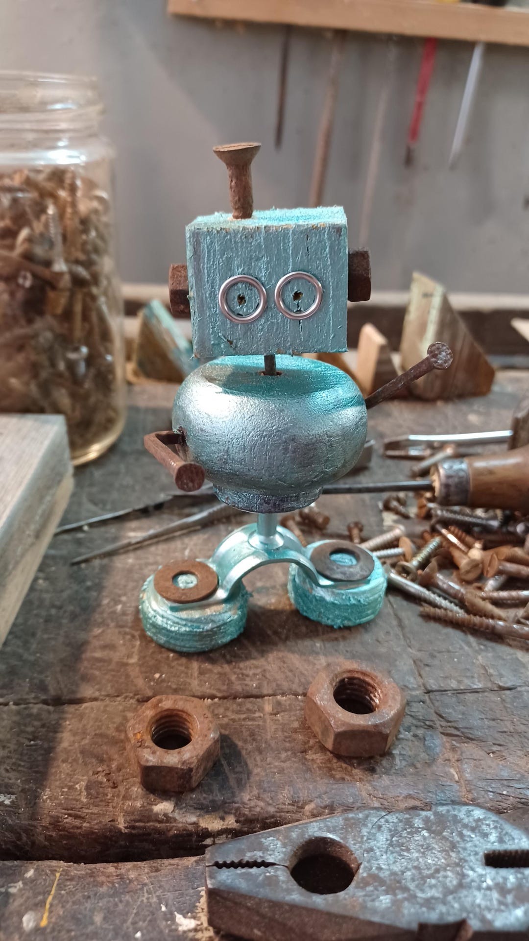 Decorative Wooden Robot Sculpture Gift – Recycled Metal and Plastic ...