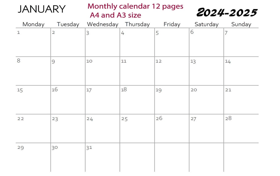 2024-2025 Printable Calendar Landscape, Minimalist Monthly Calendar ...