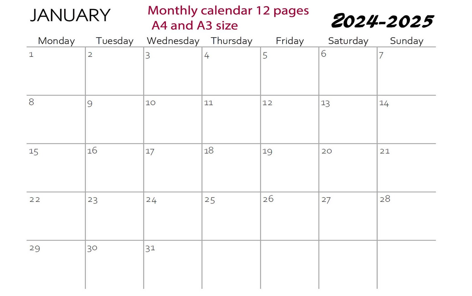2024-2025 Printable Calendar Landscape, Minimalist Monthly Calendar ...
