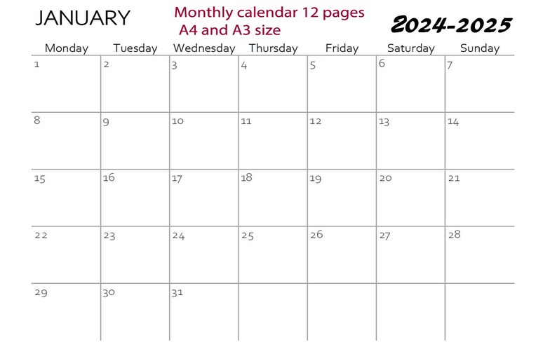 2024-2025 Printable Calendar Landscape, Minimalist Monthly Calendar ...