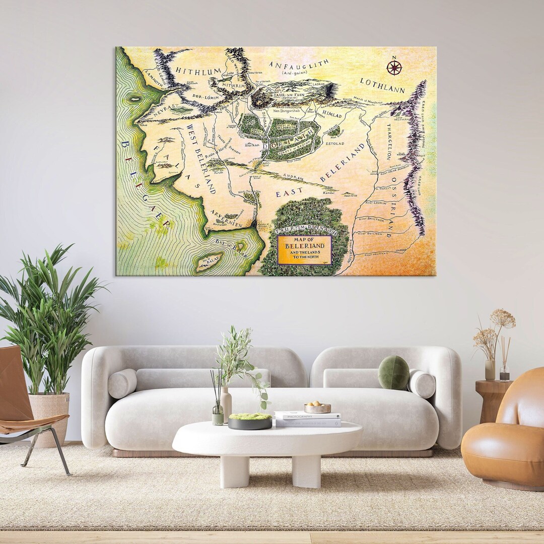 Beleriand Map Print, Map of Middle Earth Canvas Wall Art, Lord of the ...