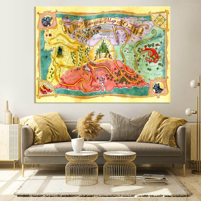 The Wizard of Oz Map Canvas Wall Art, Fantasy Map Print, Land of Oz Map ...