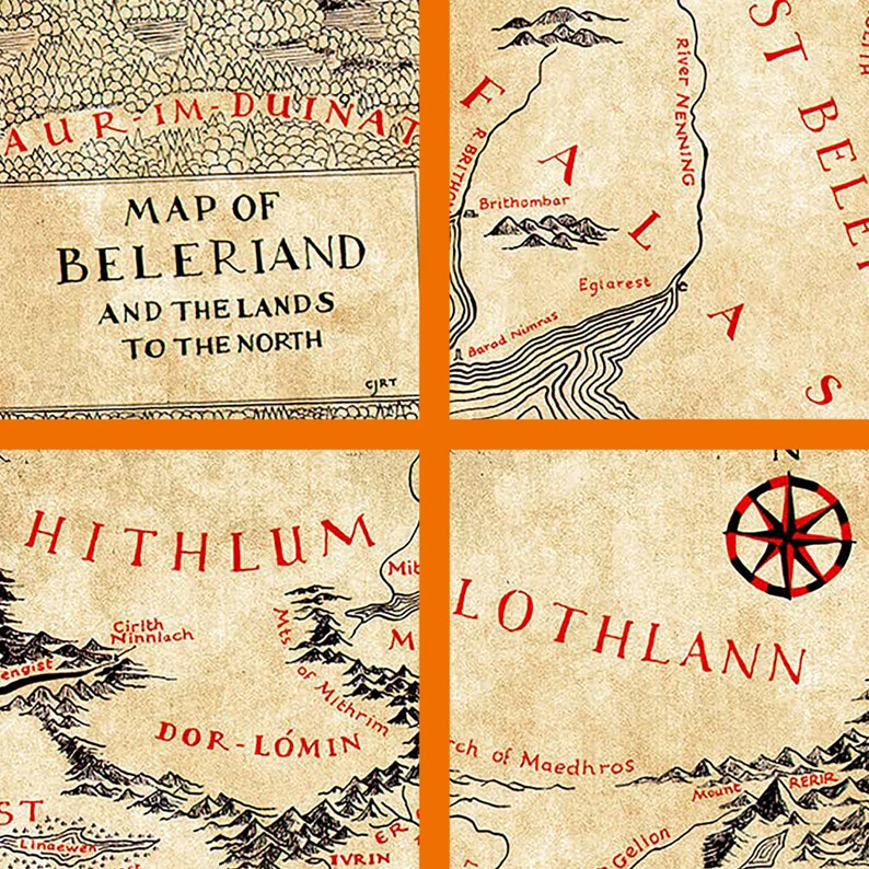 Beleriand Map Print, Map of Middle Earth Canvas Wall Art Hanger, Lord ...