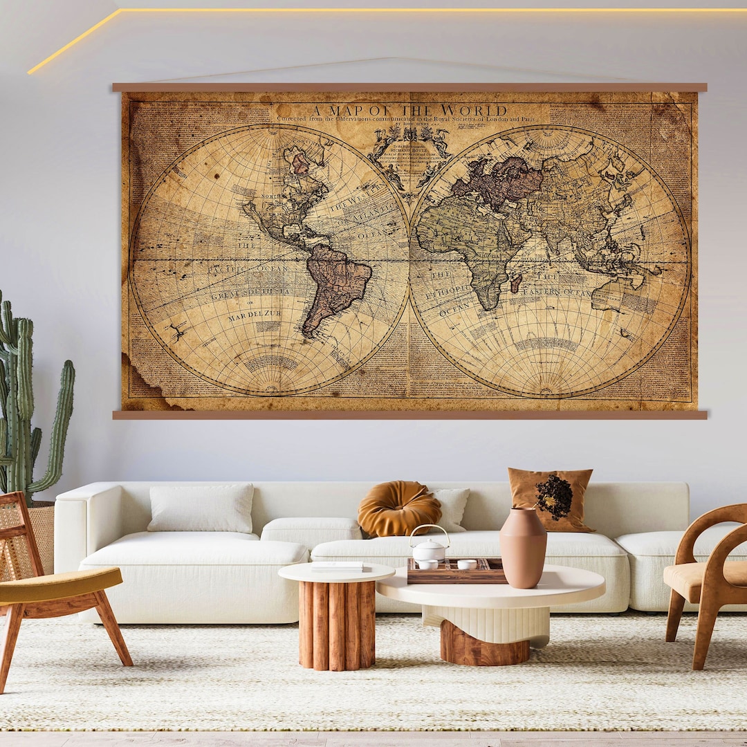Old World Map Wall Art Hanger, World Map Push Pin Canvas Print, Living ...