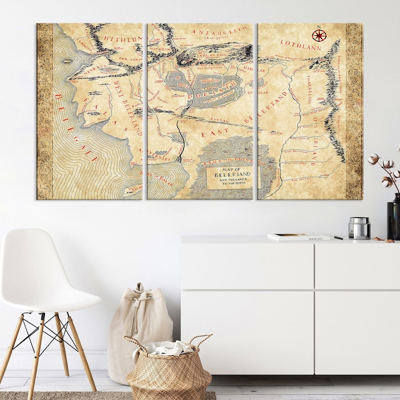 Beleriand Map Print, Map of Middle Earth Canvas Wall Art, Lord of the ...