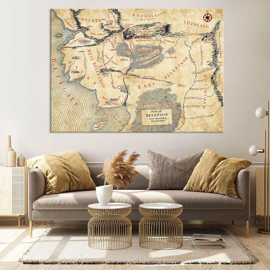 Beleriand Map Print, Map of Middle Earth Canvas Wall Art, Lord of the ...