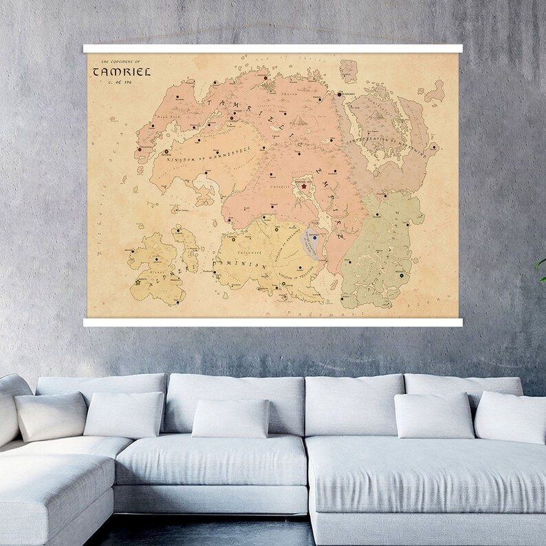 Map of Tamriel Canvas Wall Art Hanger, Hanging Fantasy Map Art, Living ...