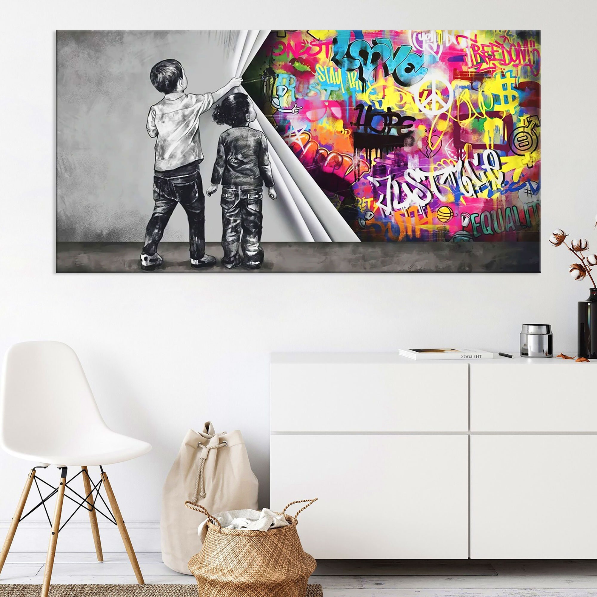 Banksy Behind the Curtain Canvas Wall Art, Modern Street Art, Living ...