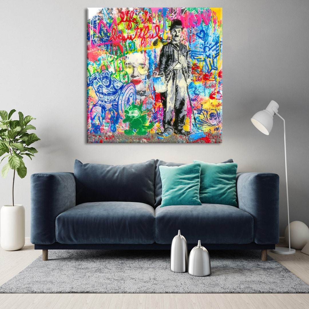 Banksy Canvas Wall Art, Modern Street Art, Living Room Decor, Colorful ...