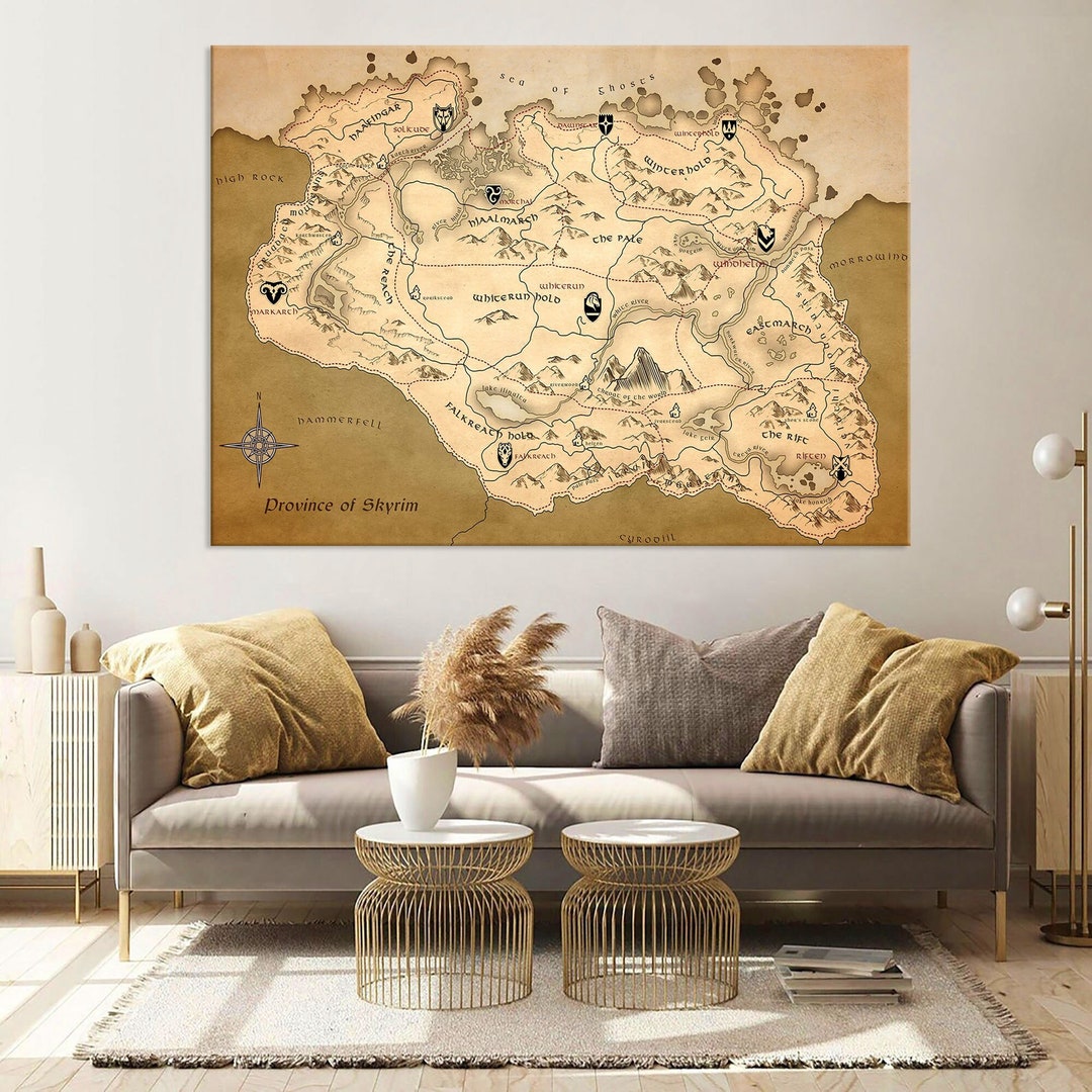 Skyrim Map Canvas Wall Art, Skyrim Art, Living Room Decor, Modern ...
