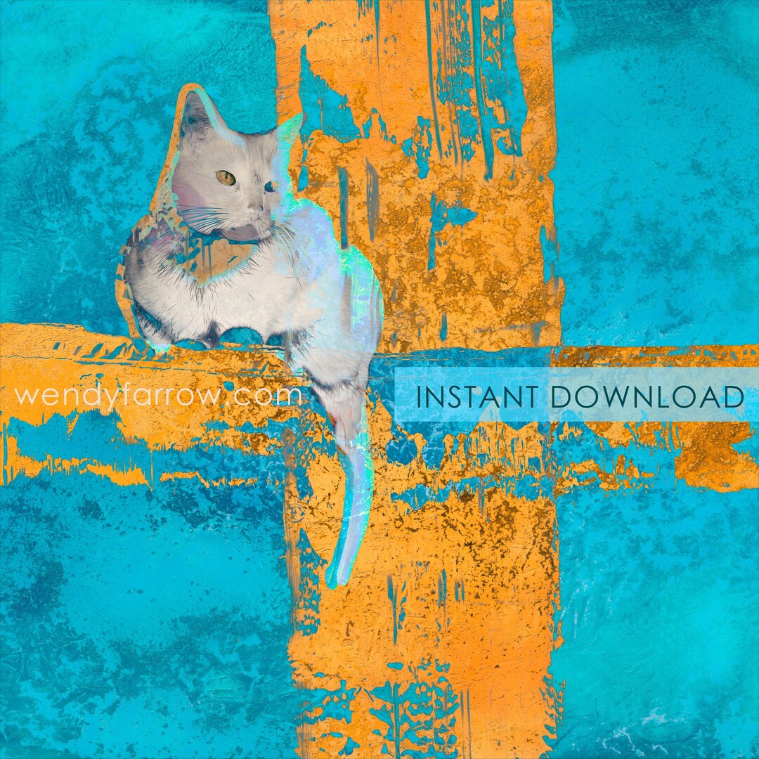Printable Cat Art Digital Download of White Cat on Blue Gold Background the Sentinel for Cat ...