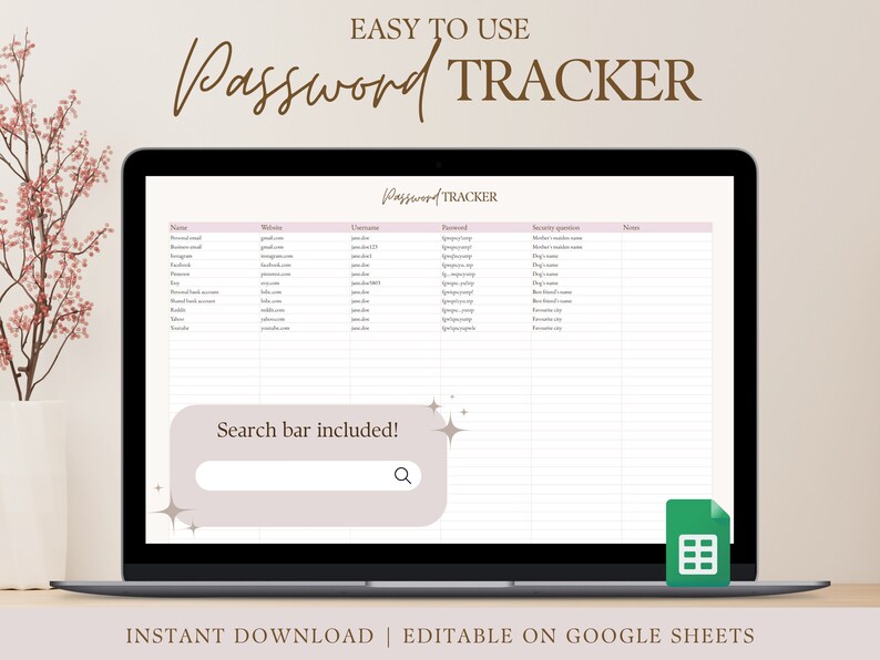 Password Tracker on Google Sheets, Username Details, Password Reminder ...
