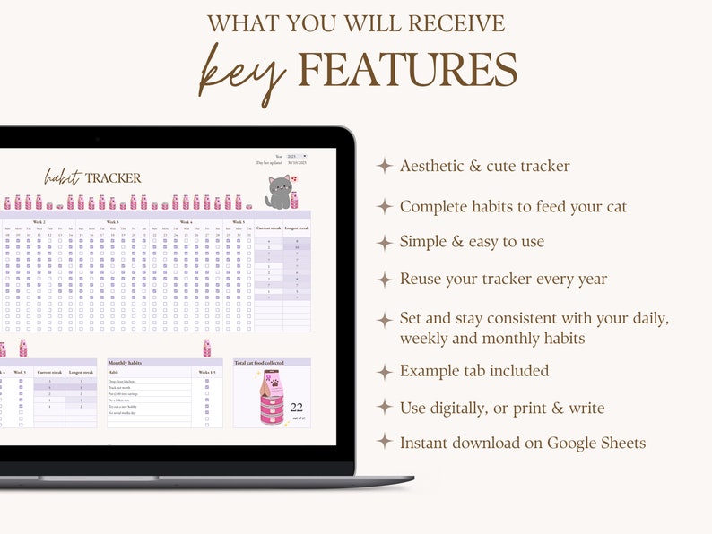 Cute Cat Habit Tracker Spreadsheet on Google Sheets, Purple Digital ...
