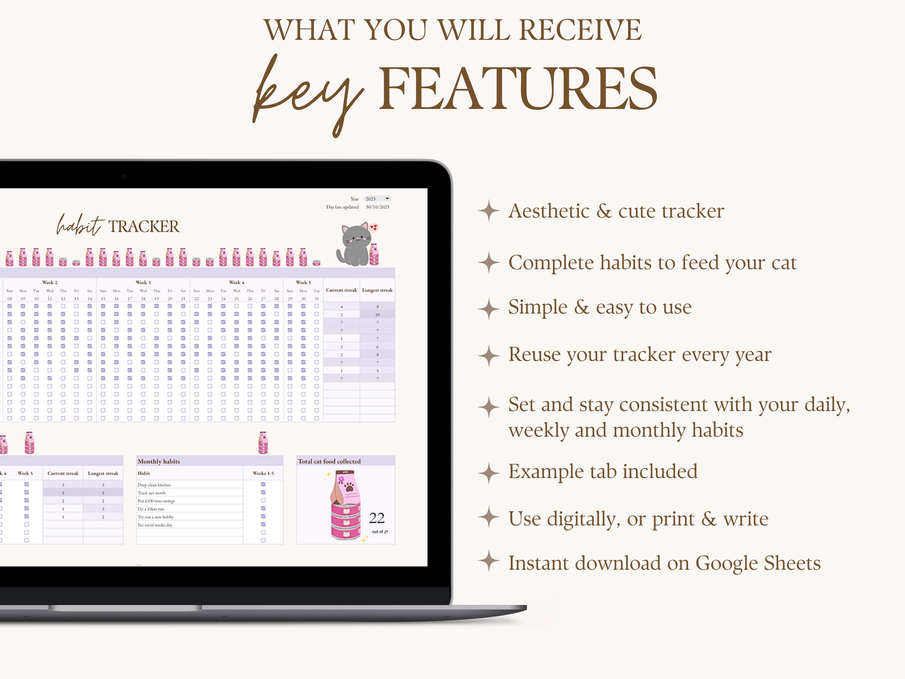 Cute Cat Habit Tracker Spreadsheet on Google Sheets, Purple Digital ...