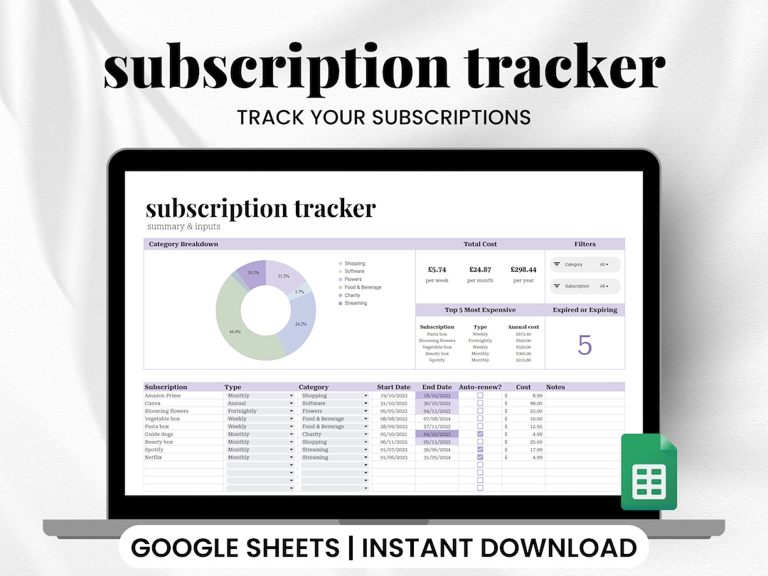 Subscription Tracker Spreadsheet Template on Google Sheets - Etsy
