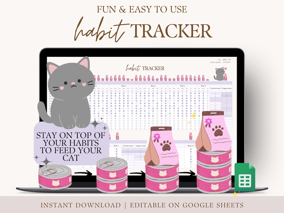 Cute Cat Habit Tracker Spreadsheet on Google Sheets, Purple Digital ...