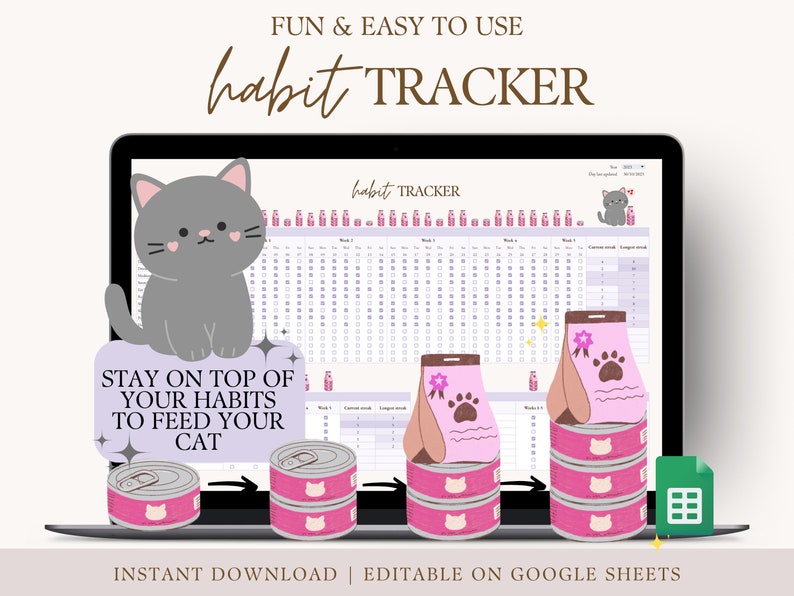Cute Cat Habit Tracker Spreadsheet on Google Sheets, Purple Digital ...