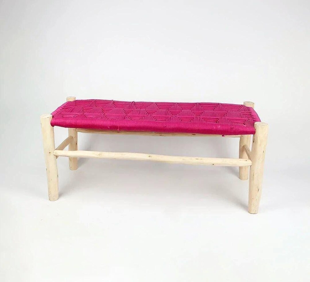 Handmade Moroccan Bench With Cord Seat – Boho Rustic Cedar Wood Stool ...