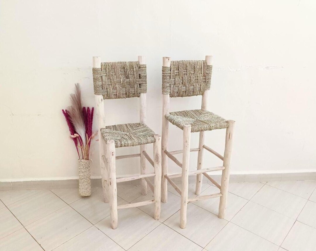 Handmade Moroccan Bar Stool – Palm Leaf Cord Seat – Rustic Wood Counter ...